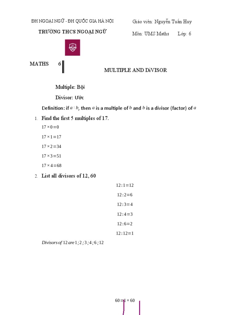 UMS Maths - 7 - Multiple and Divisors | PDF | Mathematical Concepts | Mathematics