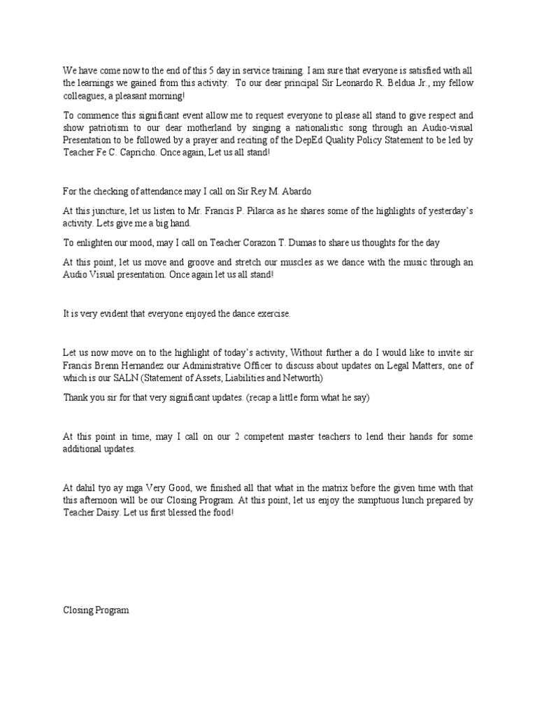 Emcee Script Inset 2023 After Pandemic | PDF Emcee Script Inset 2023 After Pandemic | PDF