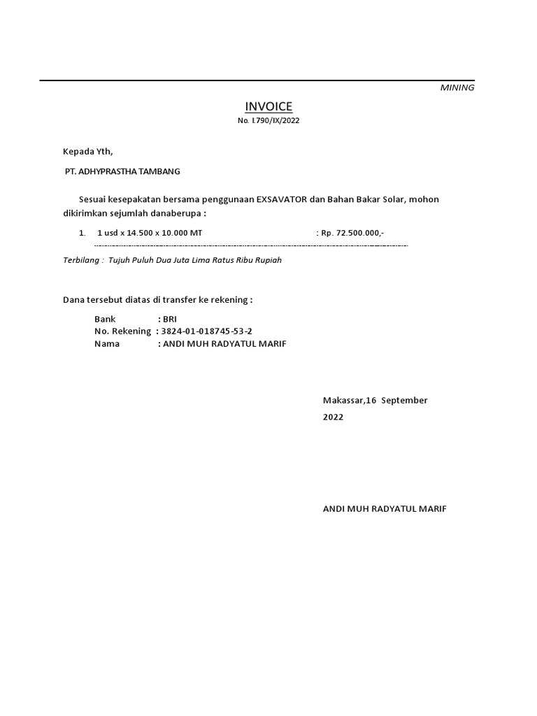 Invoice Penggunaan Exsavator dan Solar | PDF
