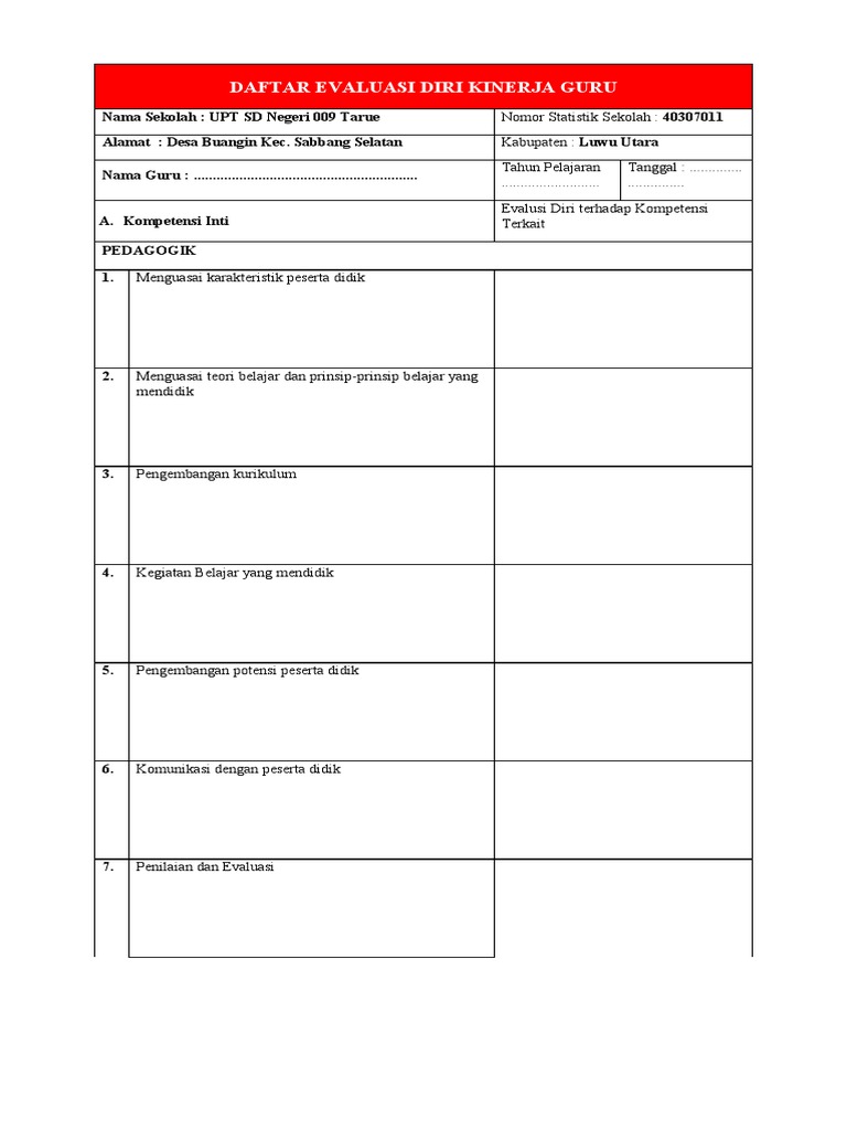 Daftar Evaluasi Diri Kinerja Guru 2019 | PDF | Karier & Perkembangan