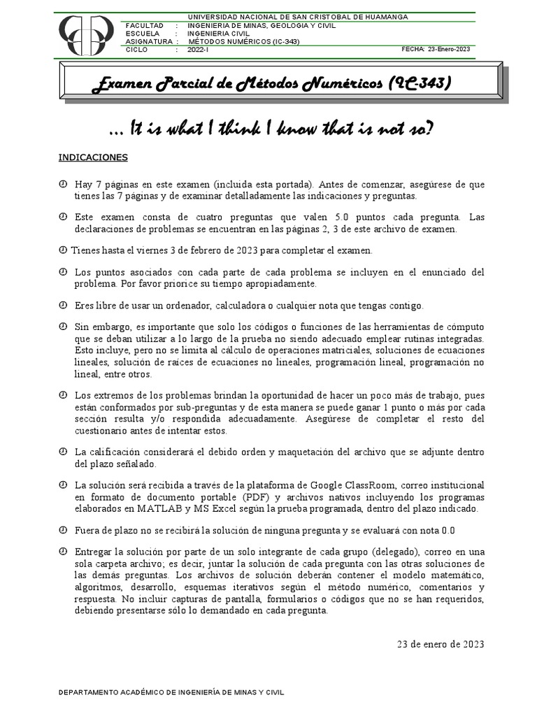 Examen Parcial IC-343 - Metodos Numericos 2022-I (23.ene.2023) | PDF | Análisis numérico ...