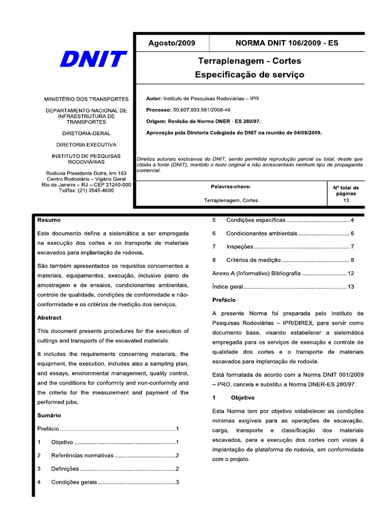 DNIT 106.2009 - ES Terraplenagem - Cortes - Especificação de Serviço. | PDF