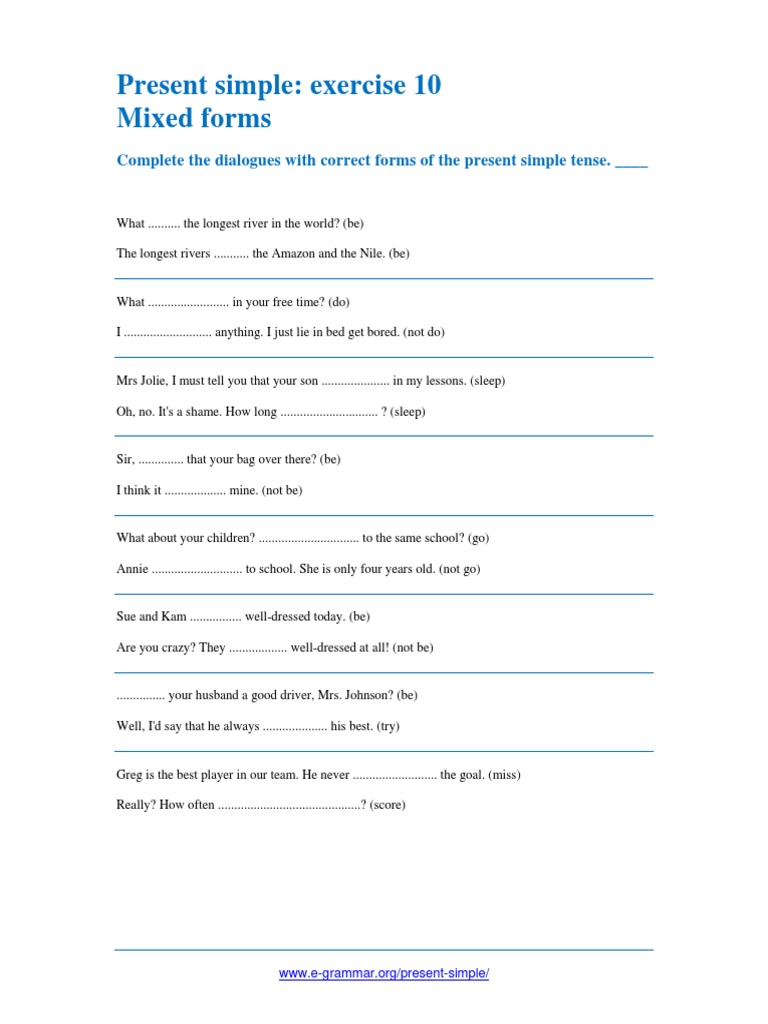 Present Simple Exercise 10 - Mixed - Present-Simple-Exercise-Mixed | PDF