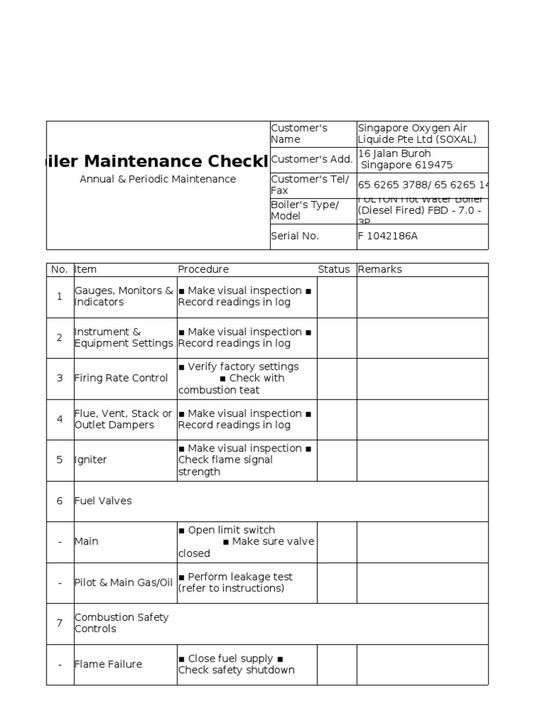 Steam Boiler Inspection Checklist