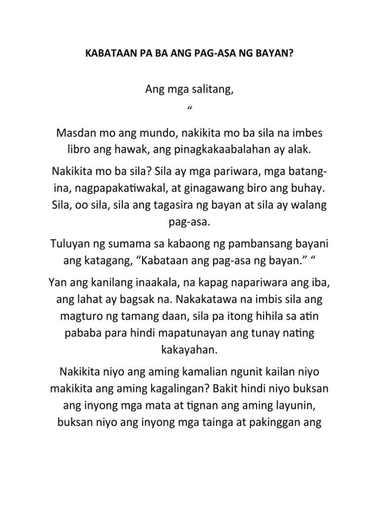 Kabataan Pa Ba Ang Pag-Asa NG Bayan | PDF