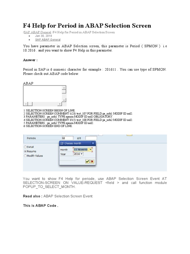 F4 Help For Period in ABAP Selection Screen | PDF | Business ...