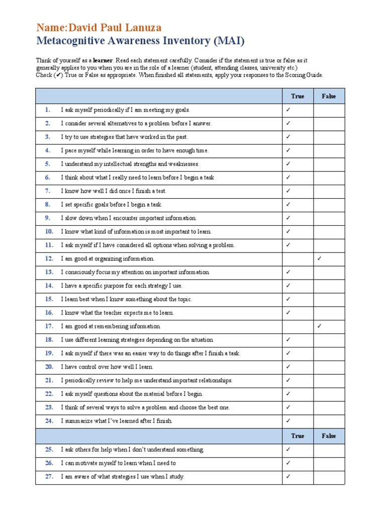 Metacognitive Awareness Inventory Guide | PDF | Reading Comprehension ...