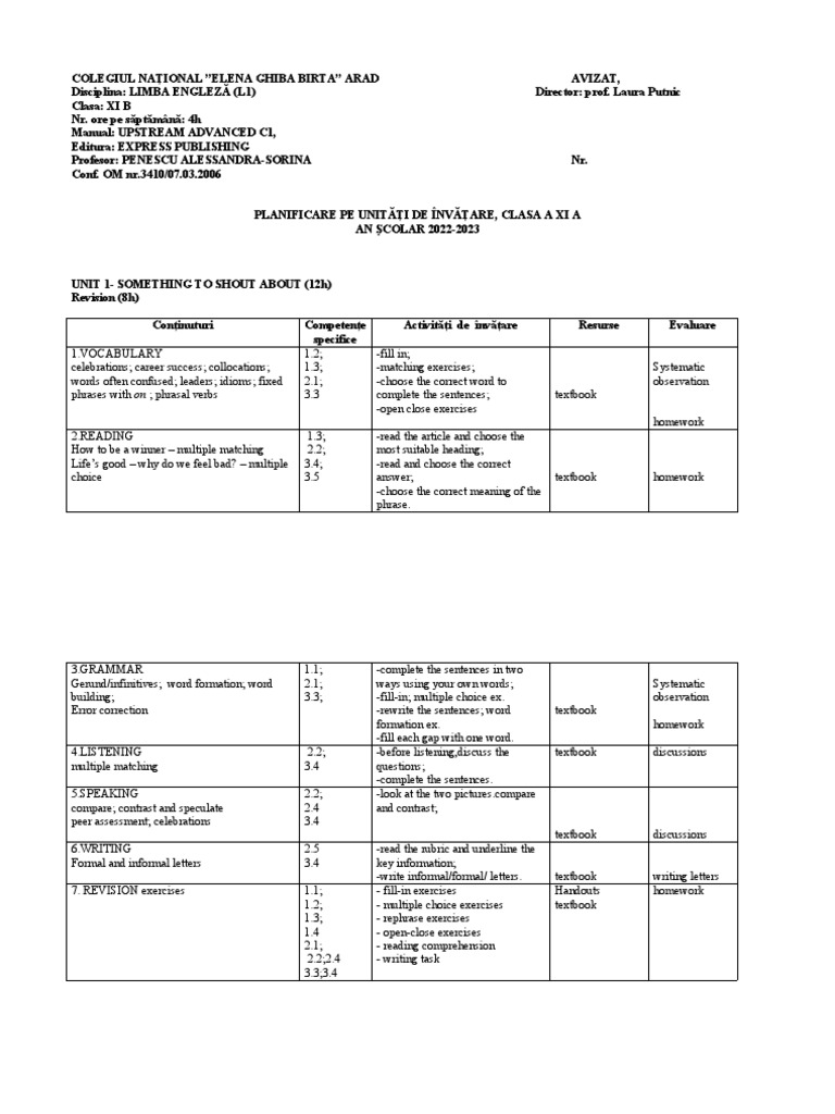 Planificare Pe Unitati de Invatare Clasa A XI A B UPSTREAM | PDF ...