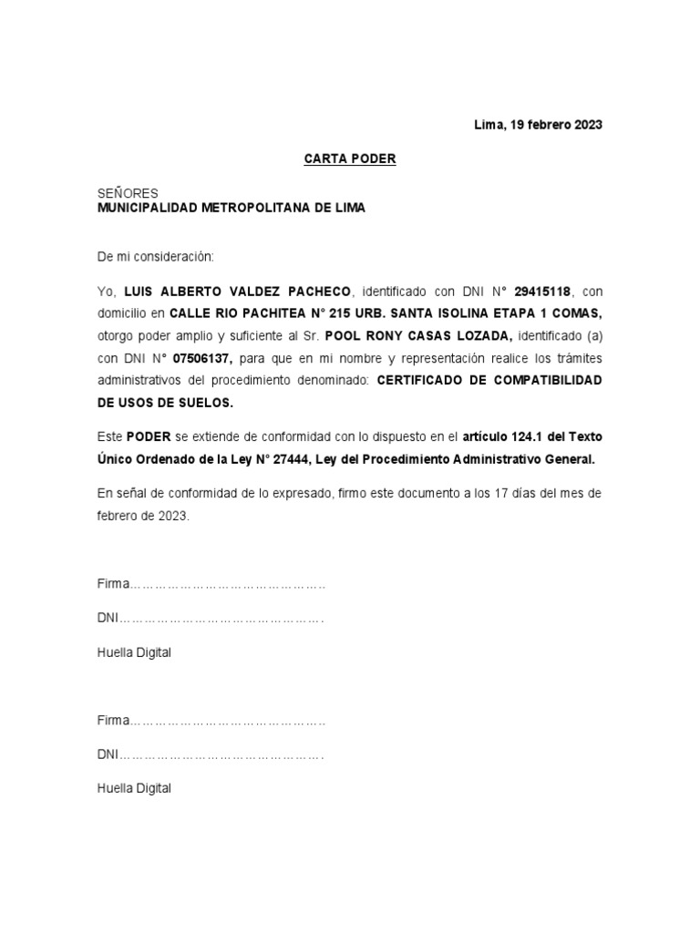 Carta Poder Simple | PDF | Derecho