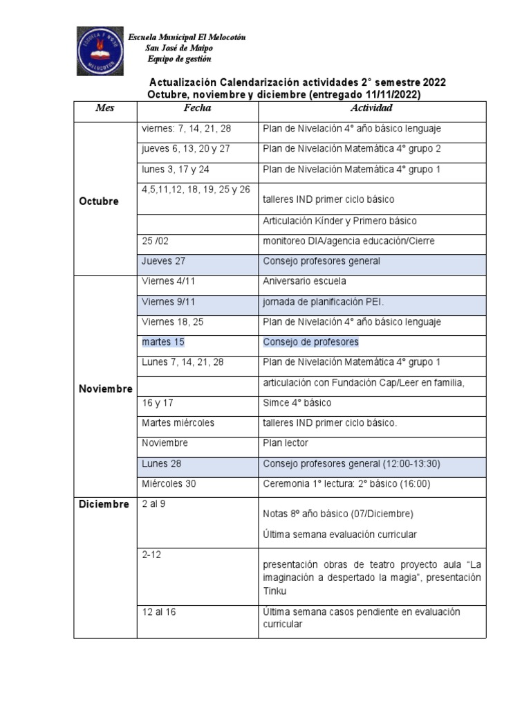 Calendarización Actividades de Cierre Año Escolar | PDF