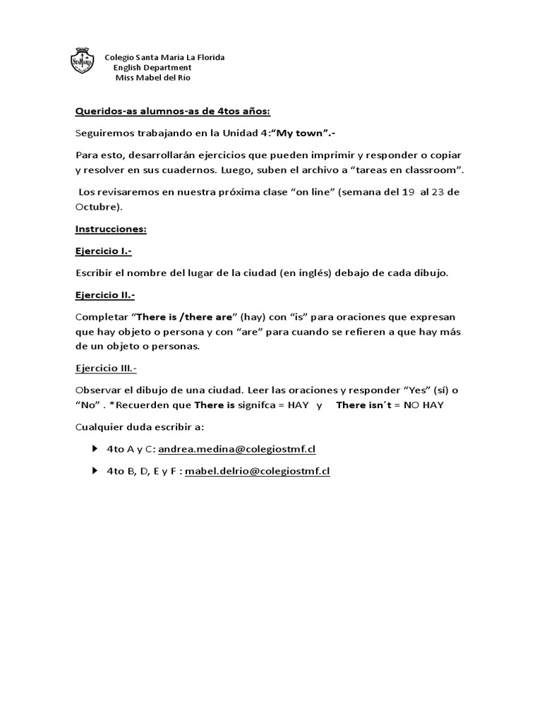 4to Basico Ingles Ejercicios de Repaso Unidad 4 Mabel Del Rio | PDF