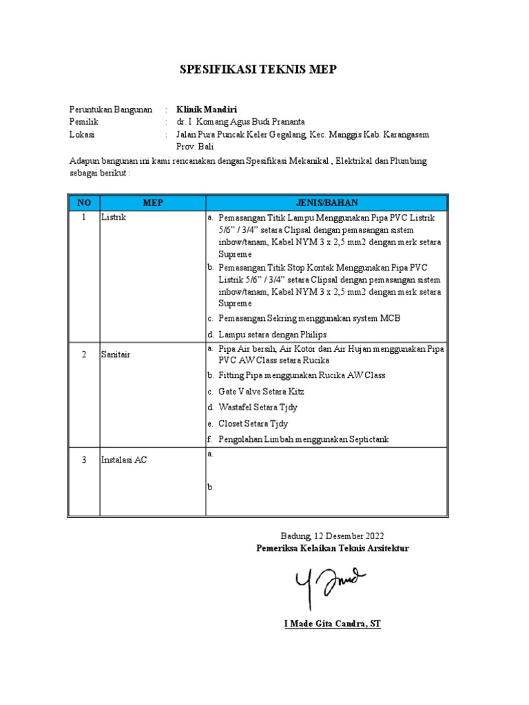 Spesifikasi Mep | PDF