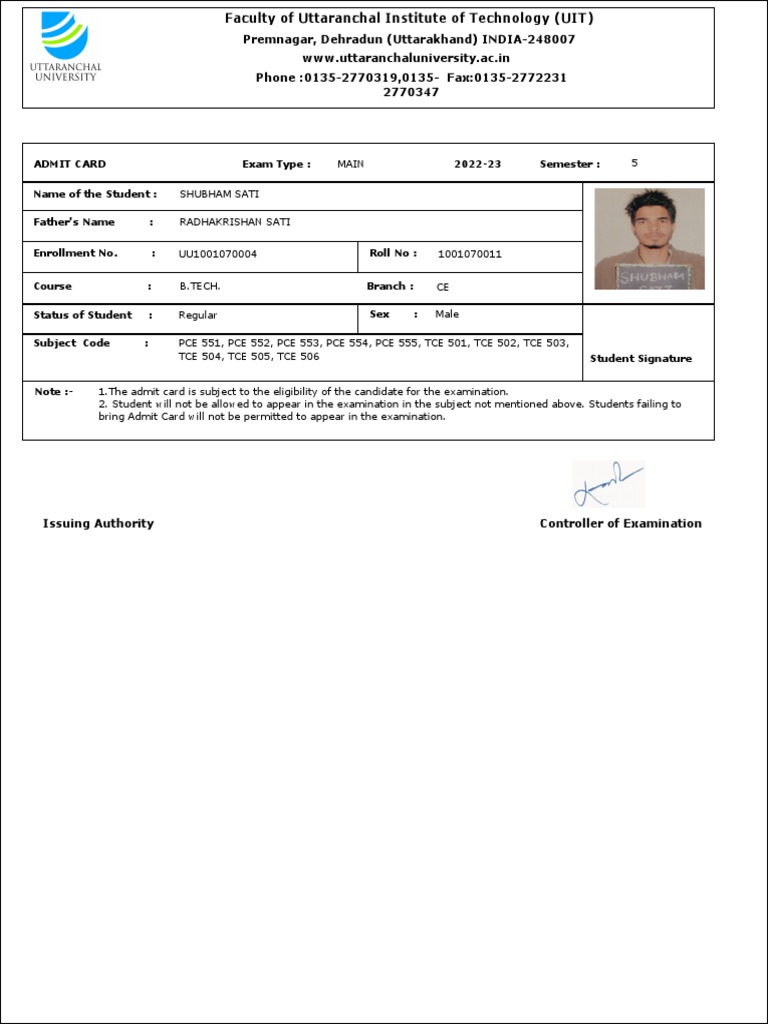 RPT Student Admit Card | PDF