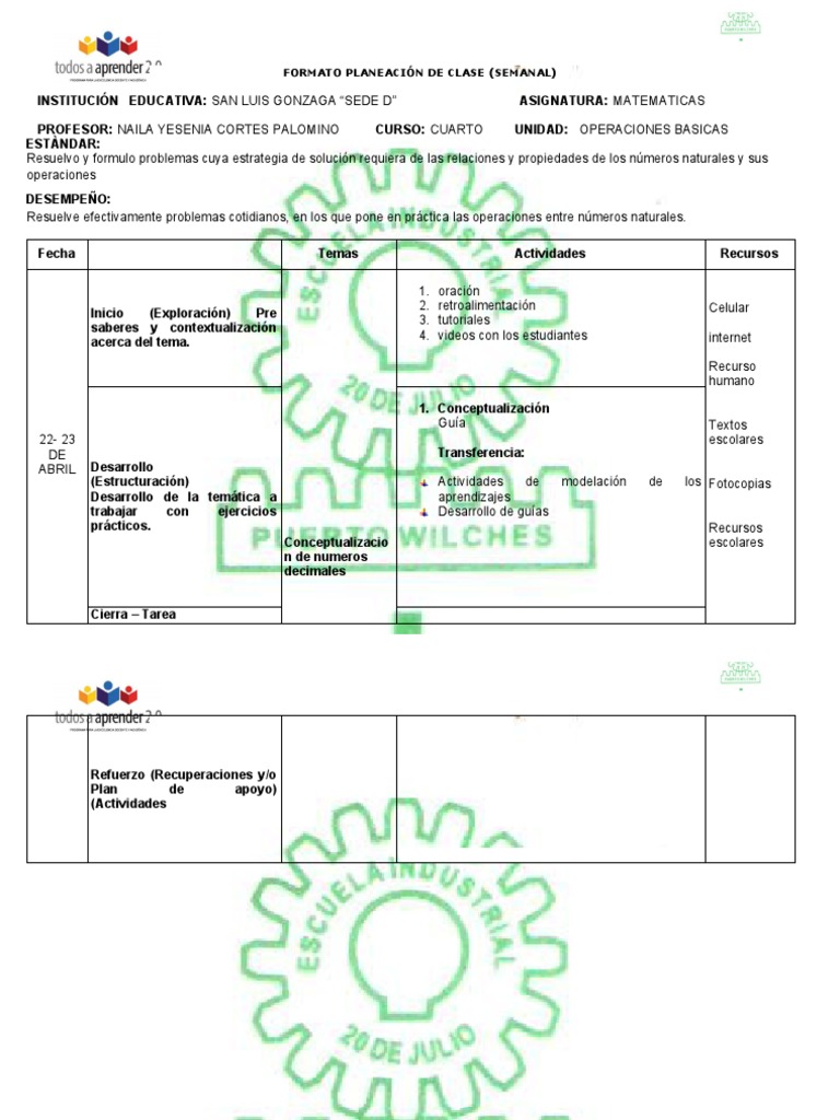 Plan de Clase Matematicas (Grado Quinto) | PDF | Aprendizaje | Cognición