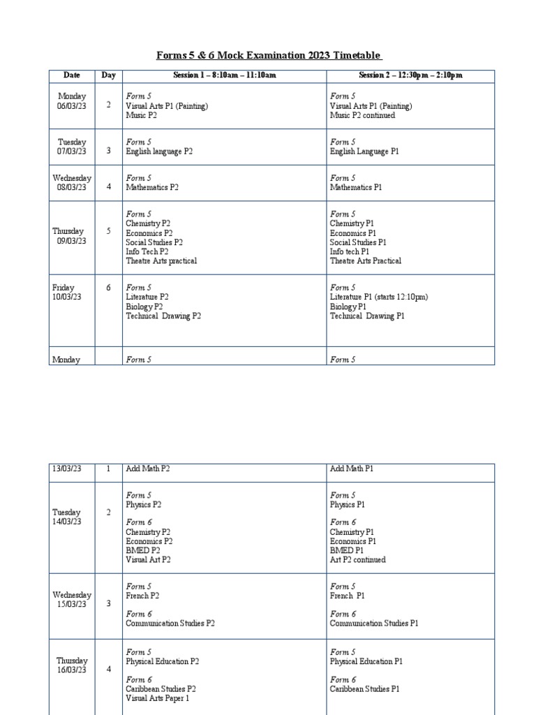 2023 Forms 5 & 6 Mock Examination Timetable Detailing Subjects, Dates ...