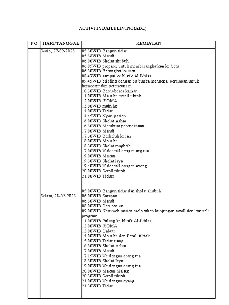 Activity Daily Living (Adl) | PDF