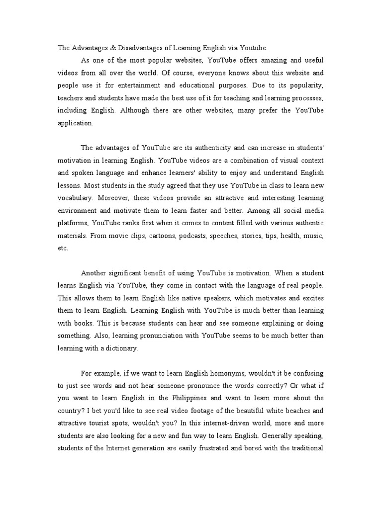The Advantages & Disadvantage of Learning English Via Youtube. | PDF ...