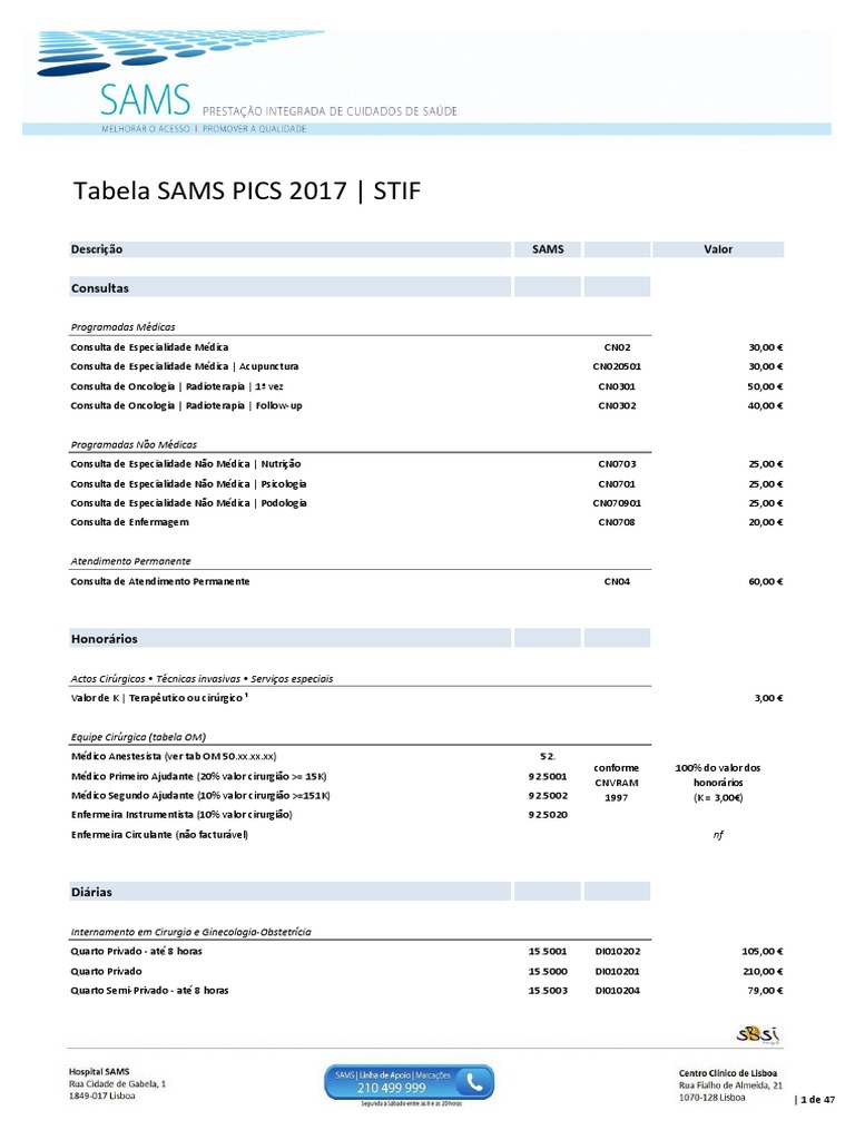 Tabela Preços Sams 2017 | PDF | Tratamentos médicos | Medicina Clínica