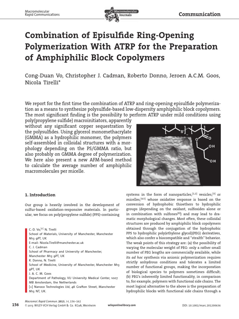 Combination of Episulfide Ring-Opening Polymerization With ATRP For The Preparation of ...