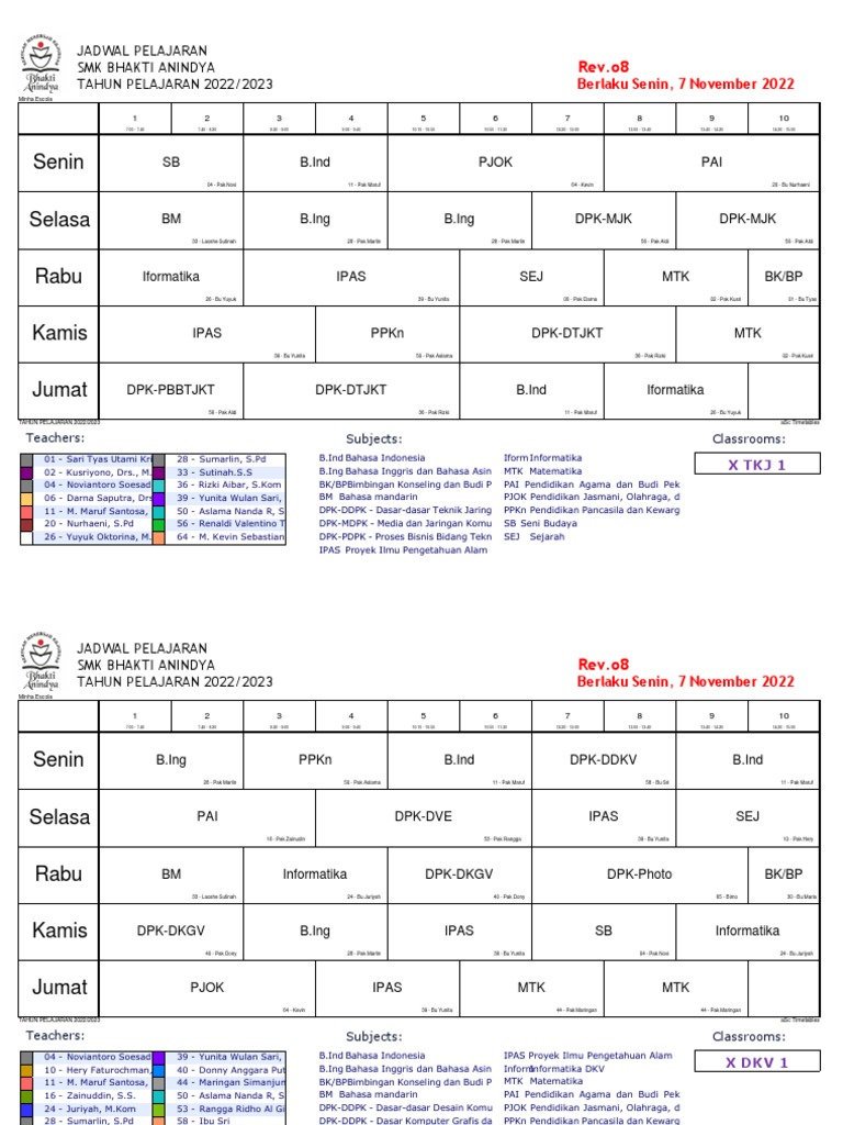 Jadwal Pelajaran Tahun Pelajaran 2022 - 2023 Rev.08 | PDF