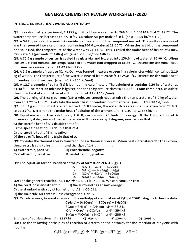 2020-General Chemistry 1 Review Worksheet | PDF | Heat | Thermodynamic ...