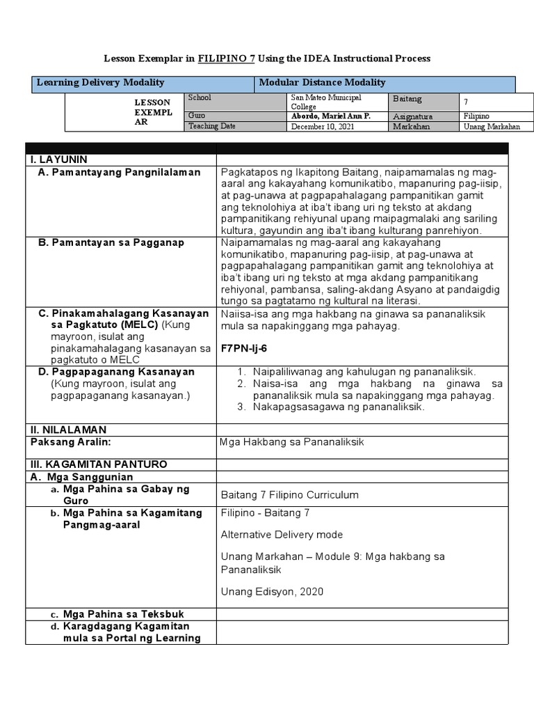 Lesson Exemplar Filipino | PDF