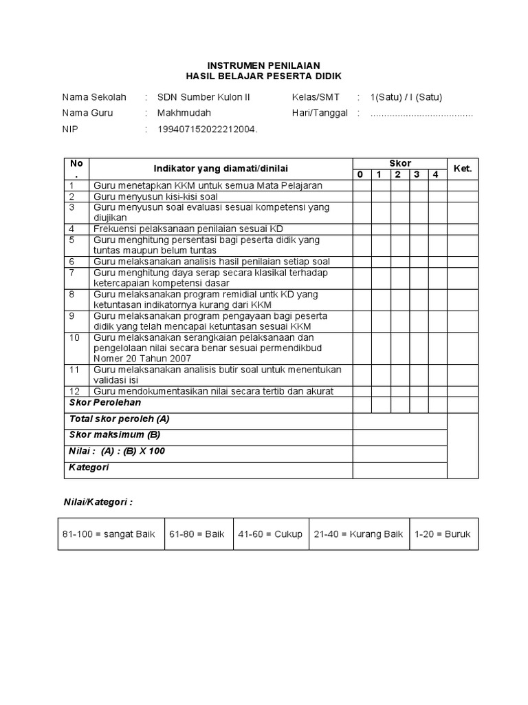 Lampiran 4 Instrumen Penilaian Hasil Belajar Siswa | PDF