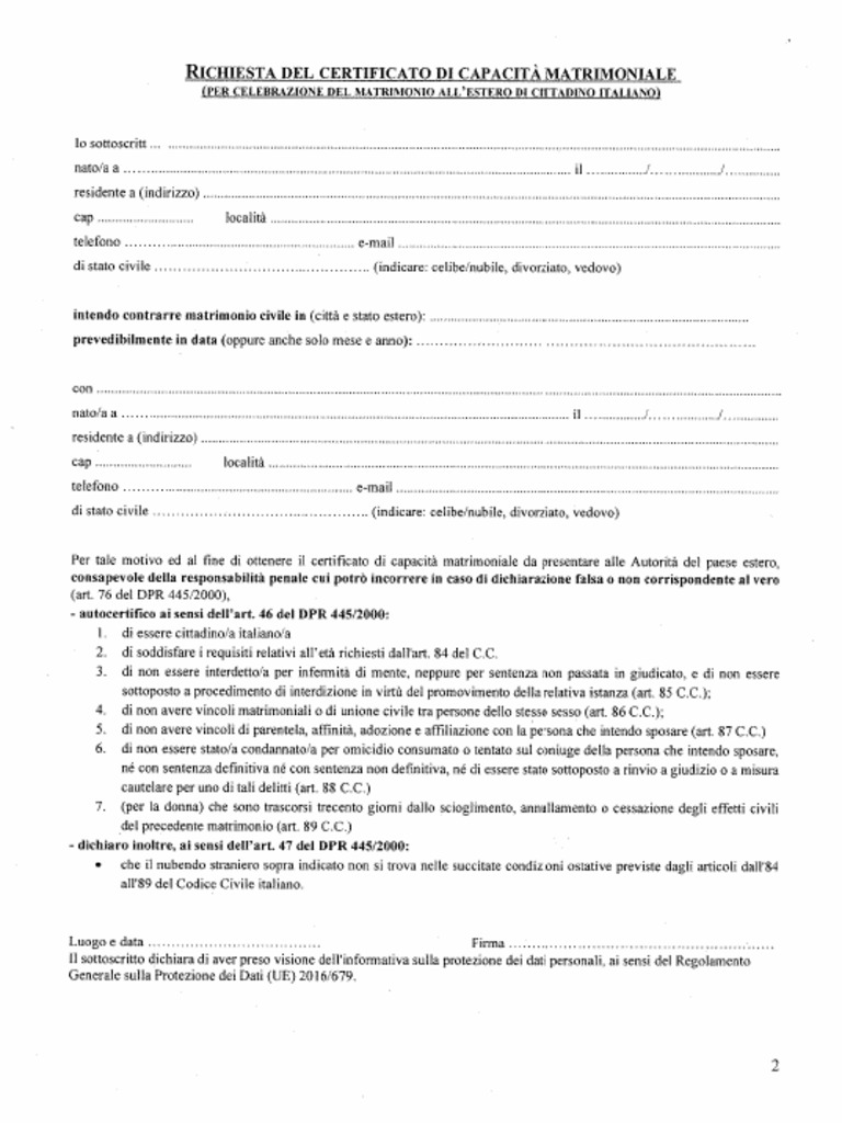 Richiesta Del Certificato Di Capacità Matrimoniale | PDF