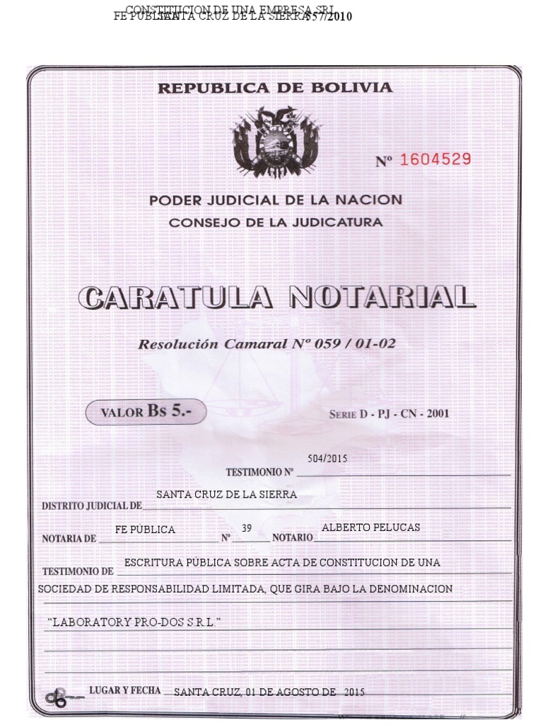 Caratula Notarial Acta de Const | PDF