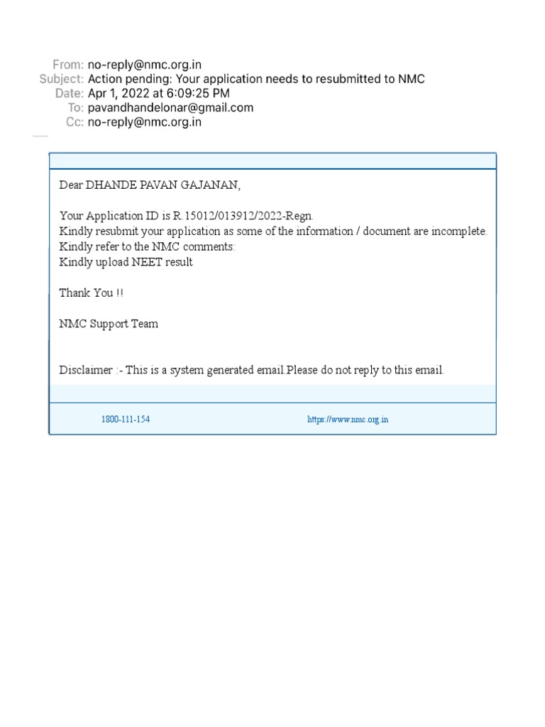 Action Pending Your Application Needs To Resubmitted To NMC | PDF