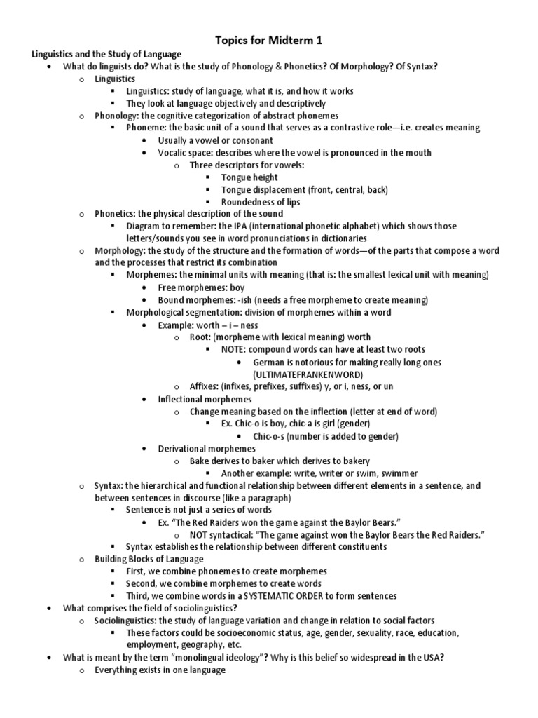Linguistics Midterm Topics | PDF | Word | Vowel