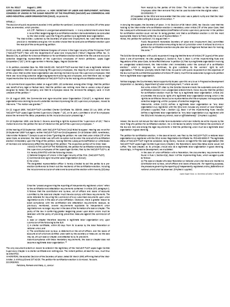 Lopez Sugar Corp. vs. Secretary of Labor | PDF | Employment | Trade Union