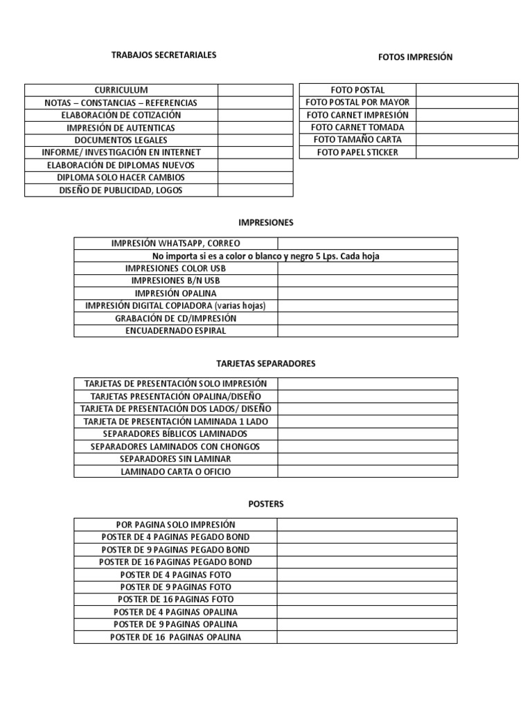 Precios de Servicios Secretariales | PDF