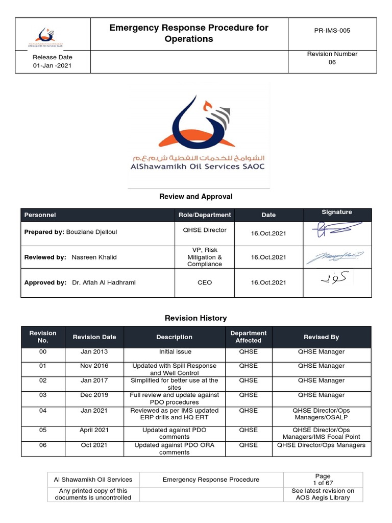 PR IMS 005 Emergency Response Procedure R6. | PDF | Emergency | Emergency Management