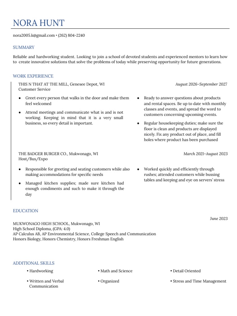 Nora Hunt - Resume | PDF | Cognition