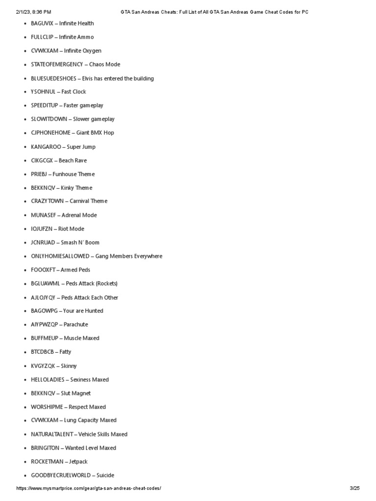 GTA San Andreas PC Cheat Codes List | PDF | Young Adult