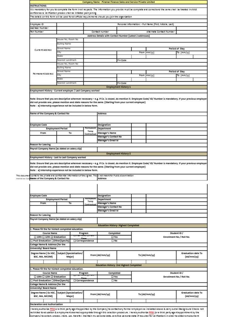 BGV Form | PDF | Employment | Background Check