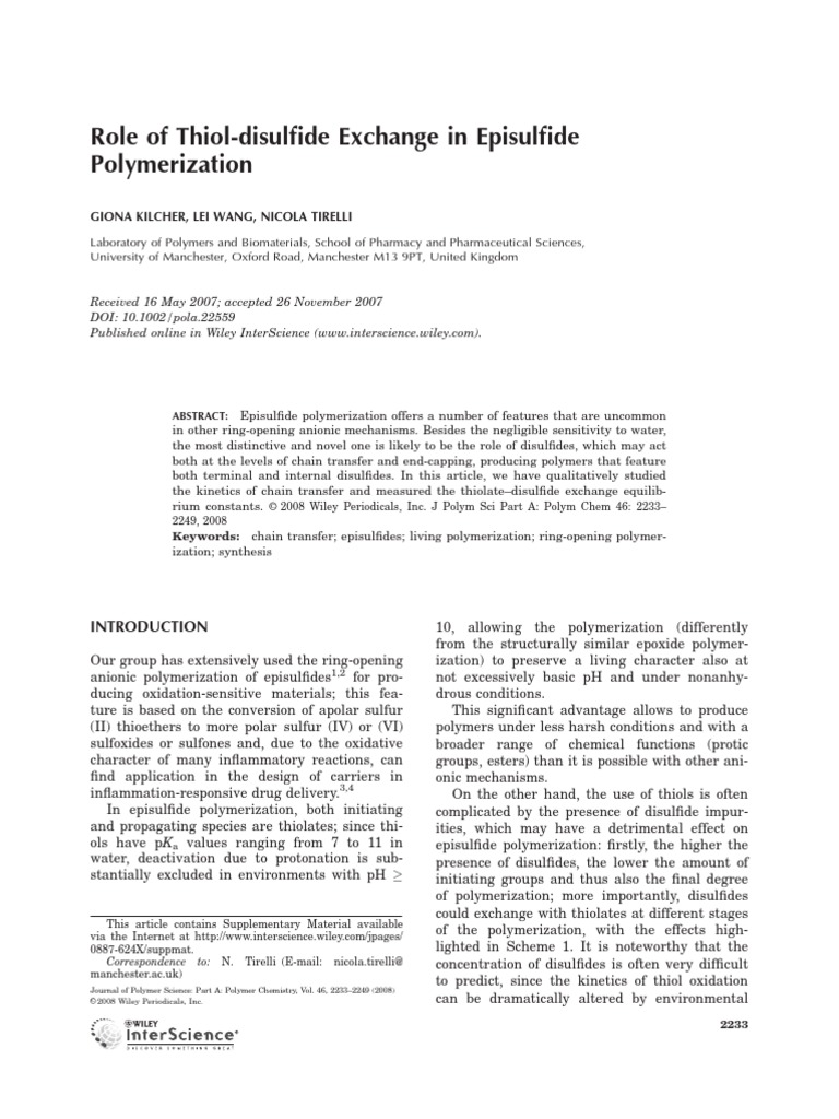 Role of Thiol-Disulfide Exchange in Episulfide Polymerization | PDF ...