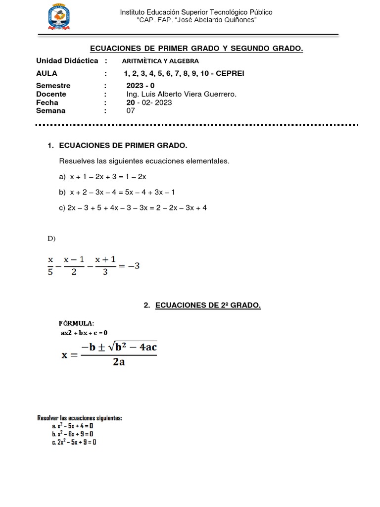 SEPARATA Tema S07 Ecuaciones de Primer Grado y Segundo Grado. 0 | PDF