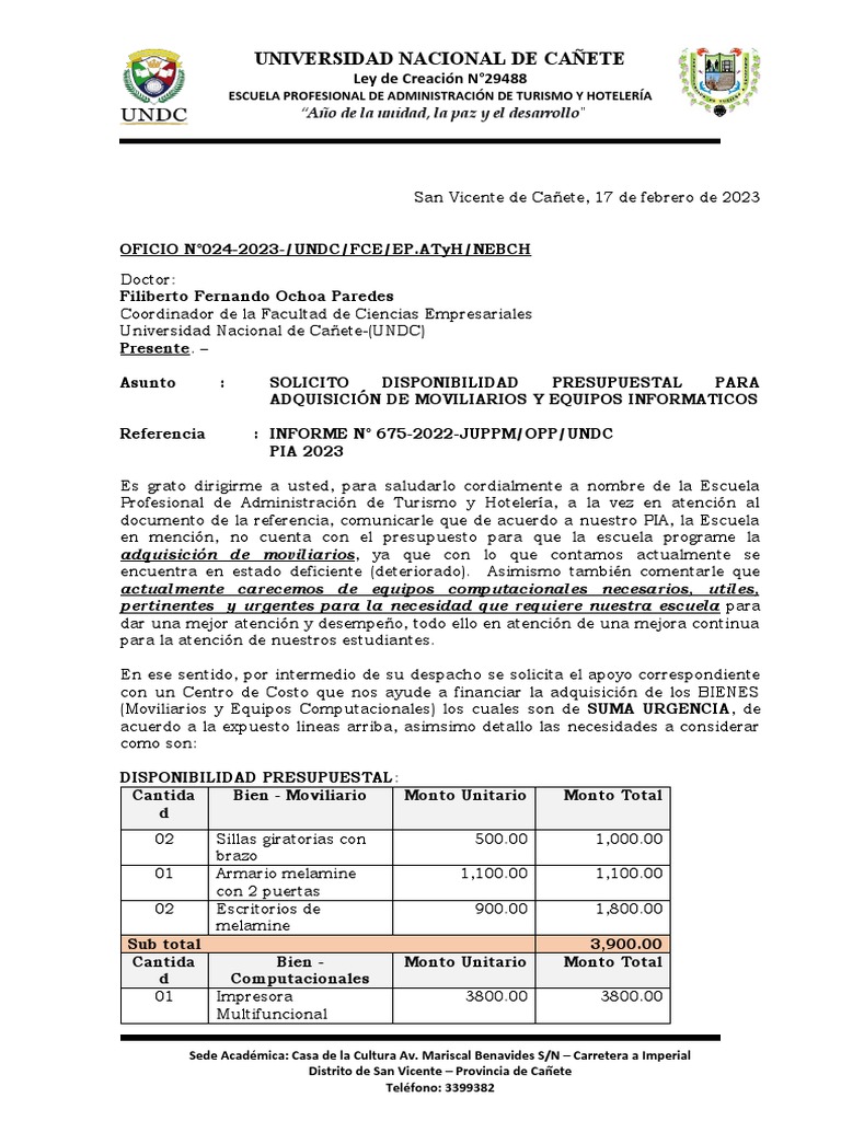 Oficio N°024-2023 Disponibilidad Presupuestal - Equipos Informaticos | PDF