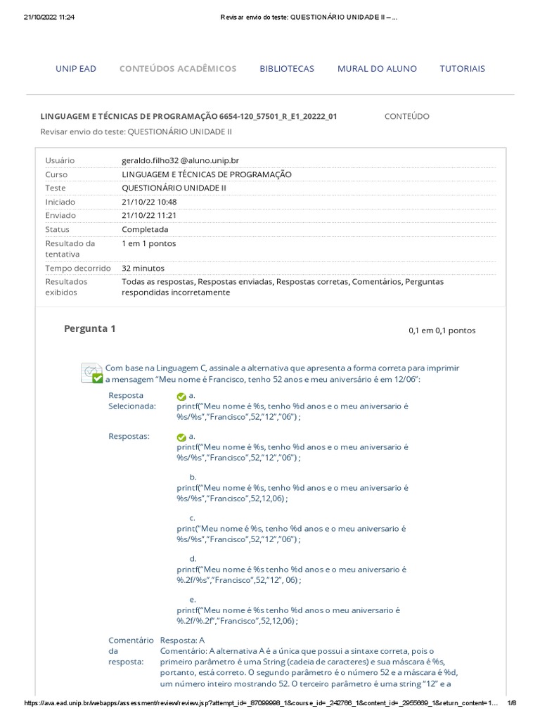Linguagem e Técnica de Programação - Questionário Unidade Ii | PDF | C ...