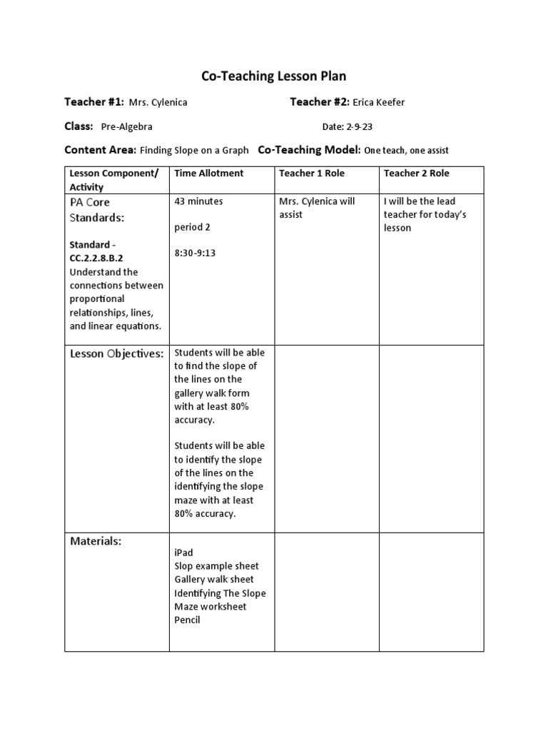 Co-Teaching Lesson Plans 2-9-23 | PDF | Slope | Teachers