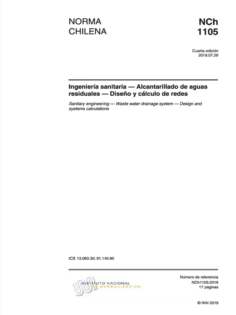NCH 1105 2019 Ingenieria Sanitaria Alcantarillado de Aguas Residuales Diseo y Calculo de Redes ...