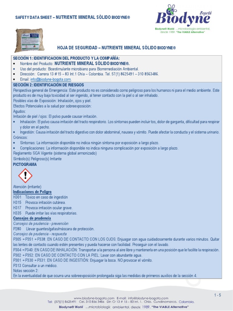 SDS Nutriente Mineral Sólido Biodyne | PDF | Agua | Solubilidad