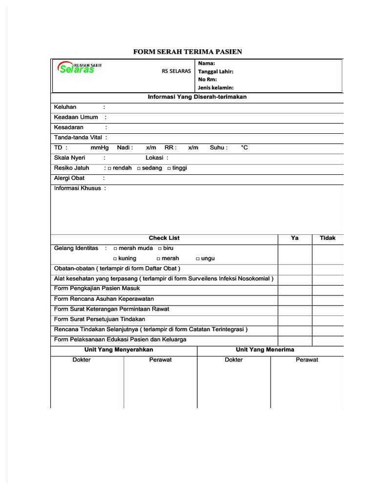 Form Serah Terima Pasien RS Selaras | PDF
