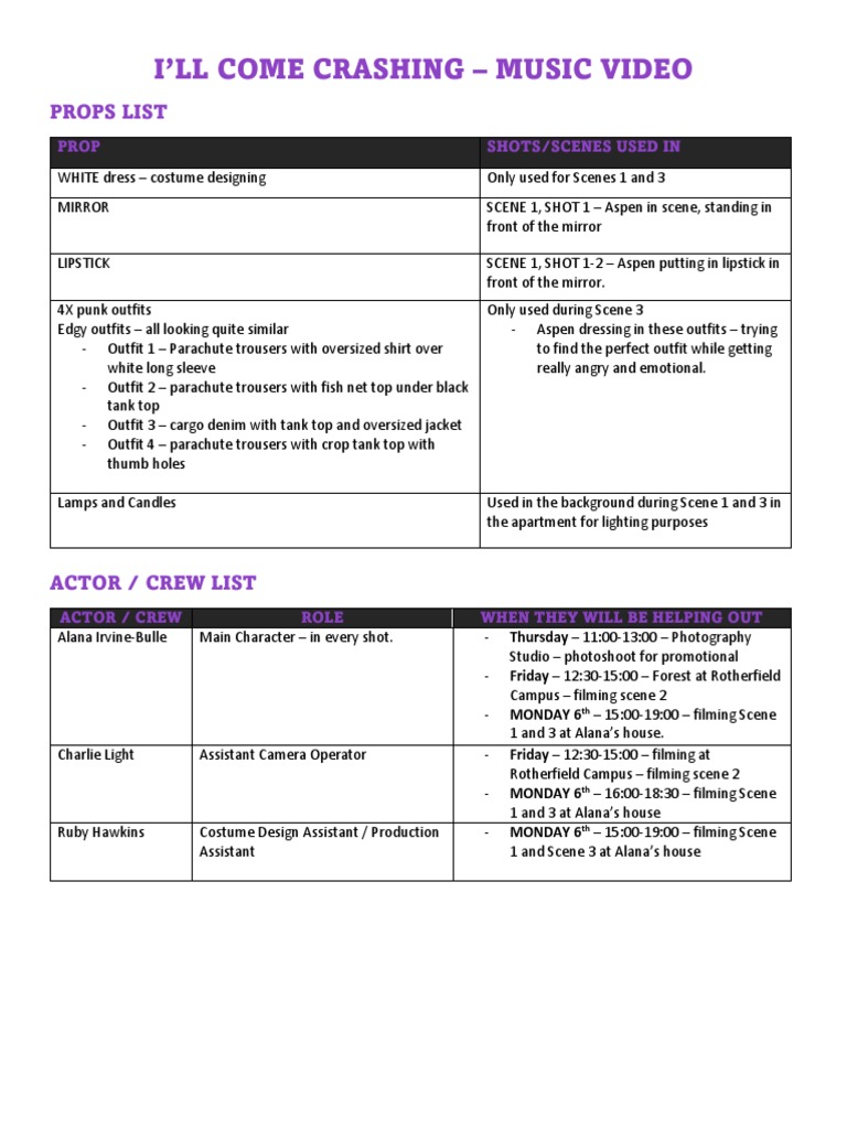 Music Video Props and Crew List | PDF