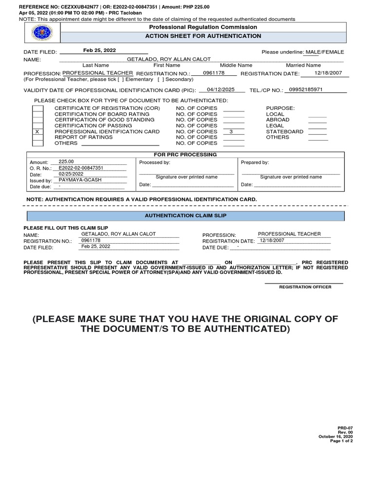 PRC Authentication Claim Slip Guide | PDF | Identity Document | Access ...
