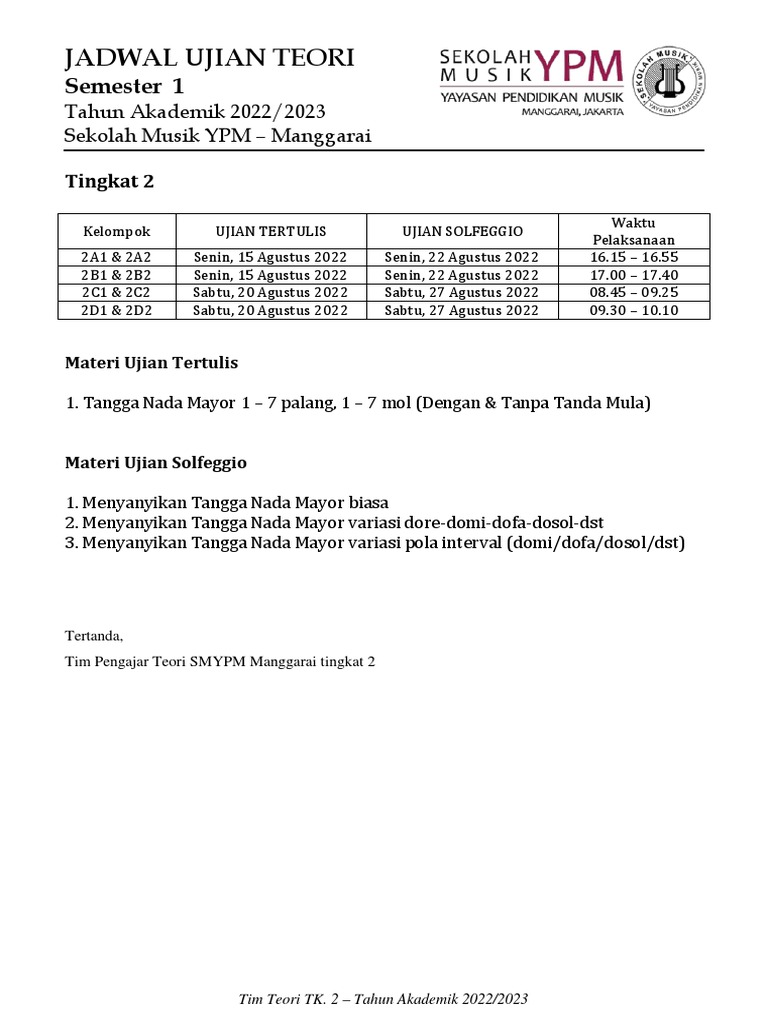 Jadwal Ujian Teori Online 2022 - TK 2 - Sem 1 | PDF
