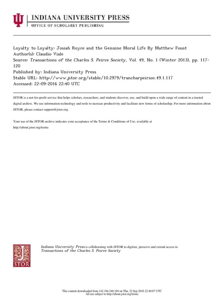 Loyalty To Loyalty: Josiah Royce and The Genuine Moral Life by Matthew ...