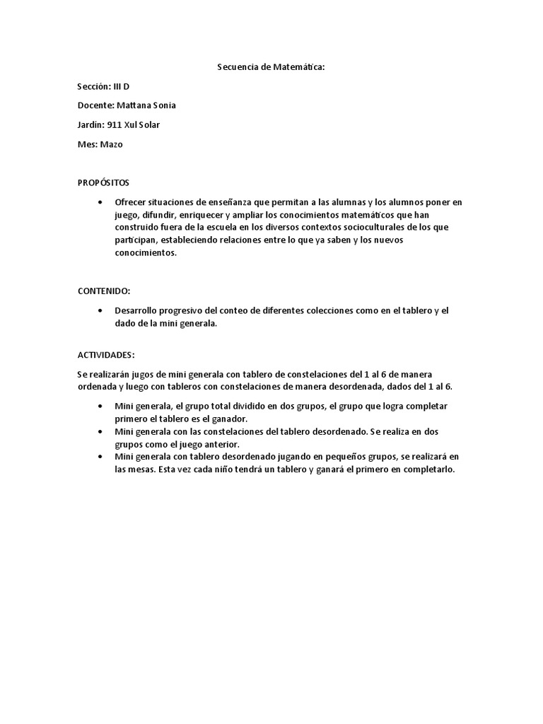 Secuencia de Matemática Mini Generala Conteo | PDF